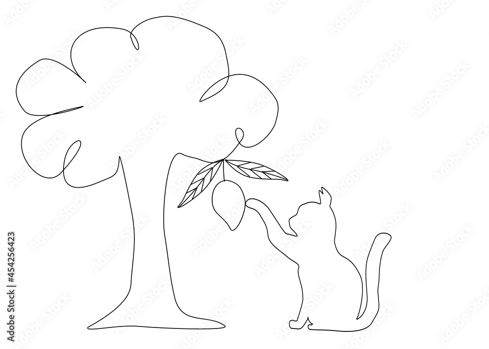Line art, doodle cartoon cat,mango tree isolate on white background ...