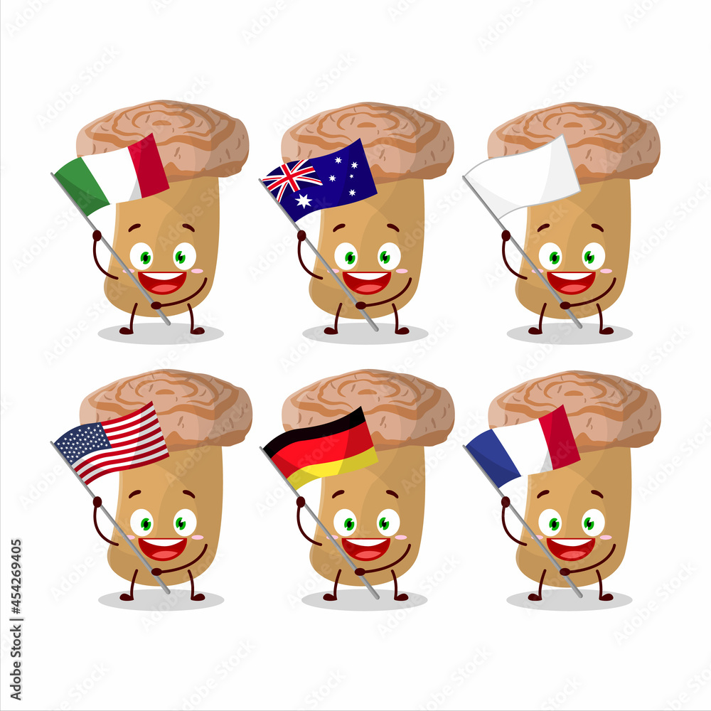 Woolly milkcap cartoon character bring the flags of various countries ...