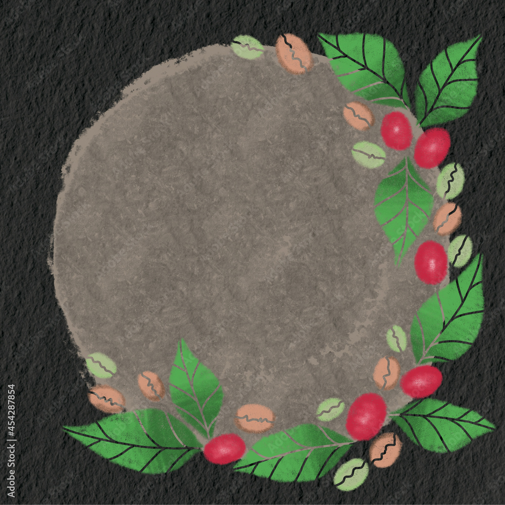 Coffee beans, berry and leaves drawing on black paper illustration for ...