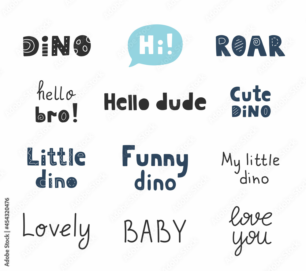 Dinosaur quotes collection. Vector hand drawn lettering set. Cute ...