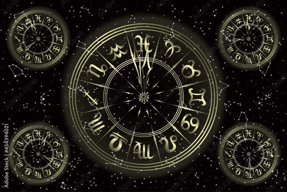Golden Round Frame with Zodiac Signs. Horoscope Symbol. Panoramic Sky ...