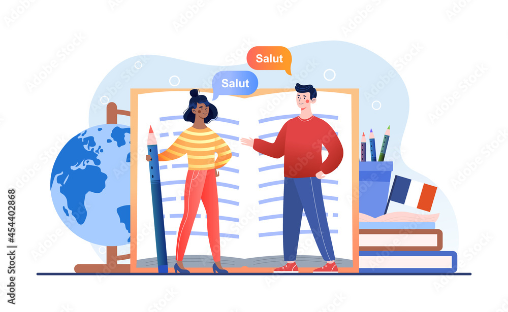 Students learning french language online. Tiny people standing on table ...