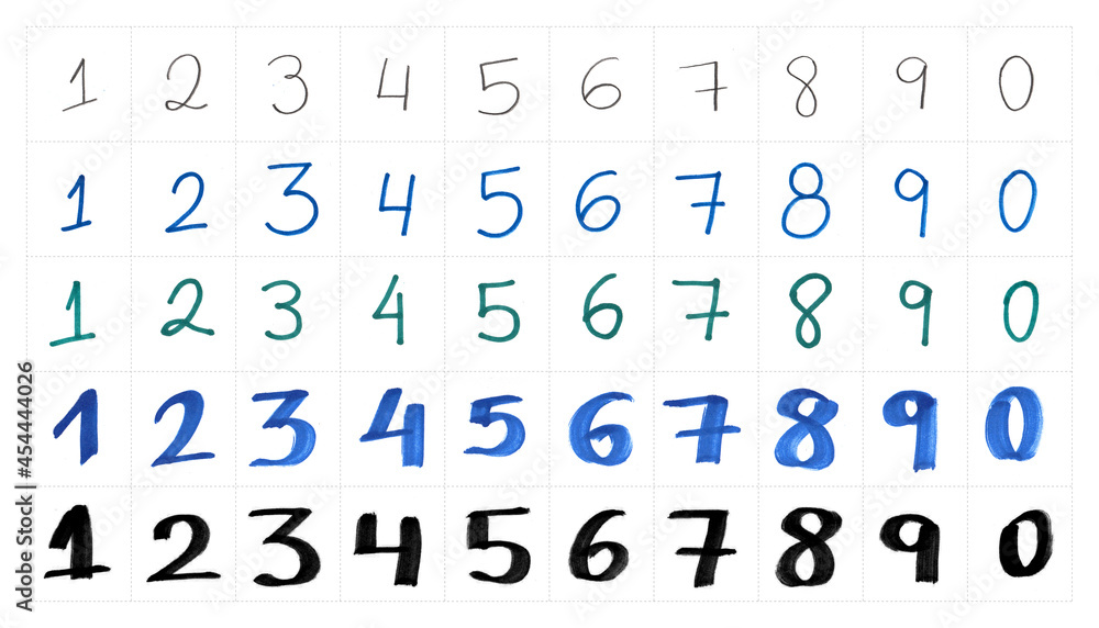 Handwritten numbers in different types of pens, pencils and markers ...
