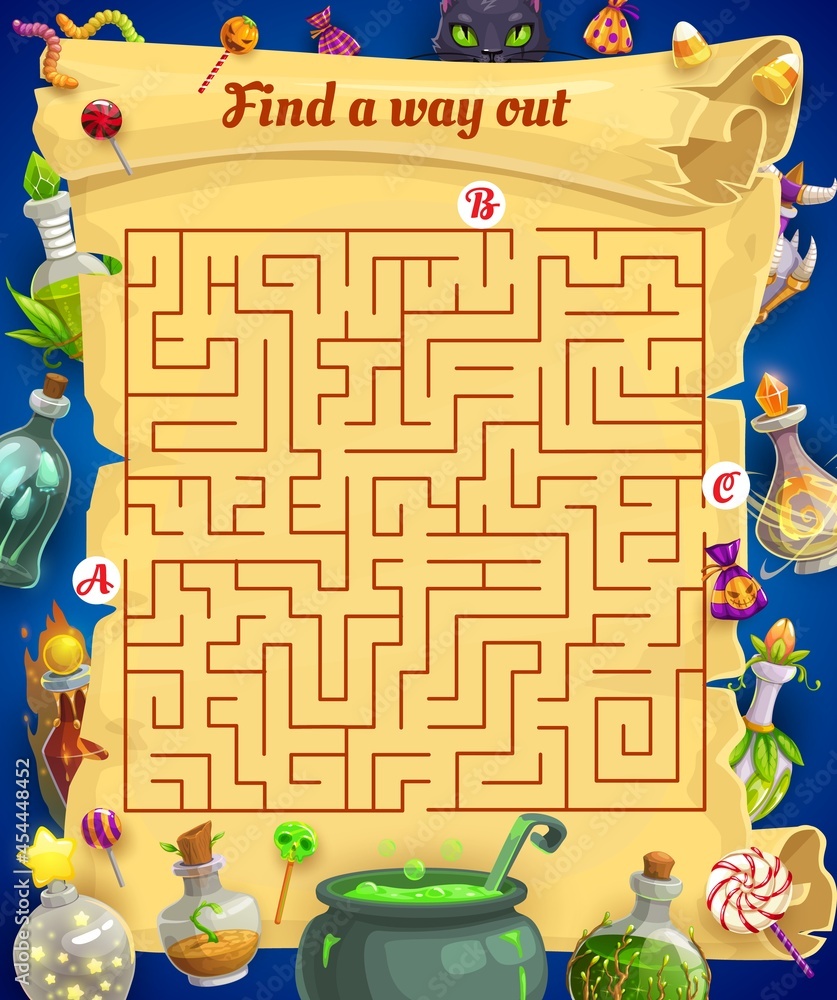 Kids labyrinth maze with Halloween treats and magic potions. Child ...