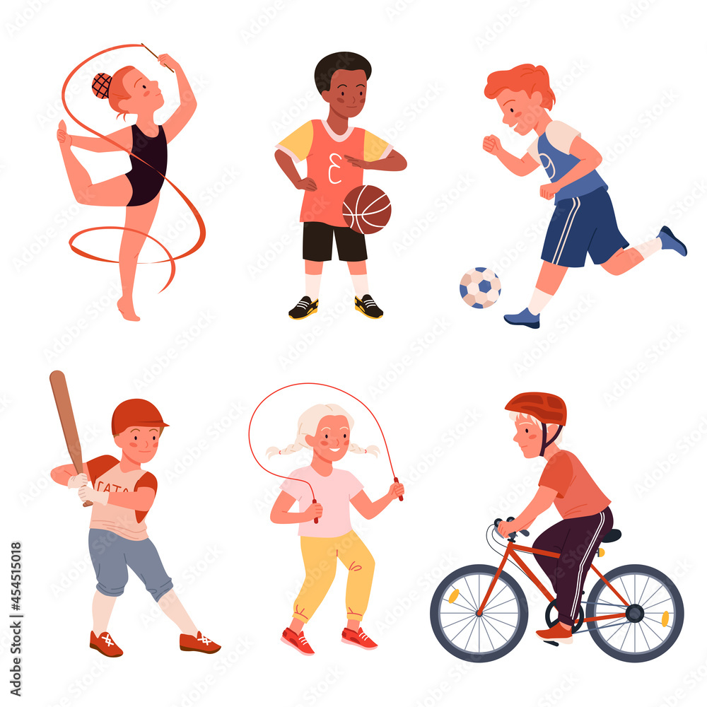 Cartoon cute happy boy girl run, child play football soccer, baseball ...