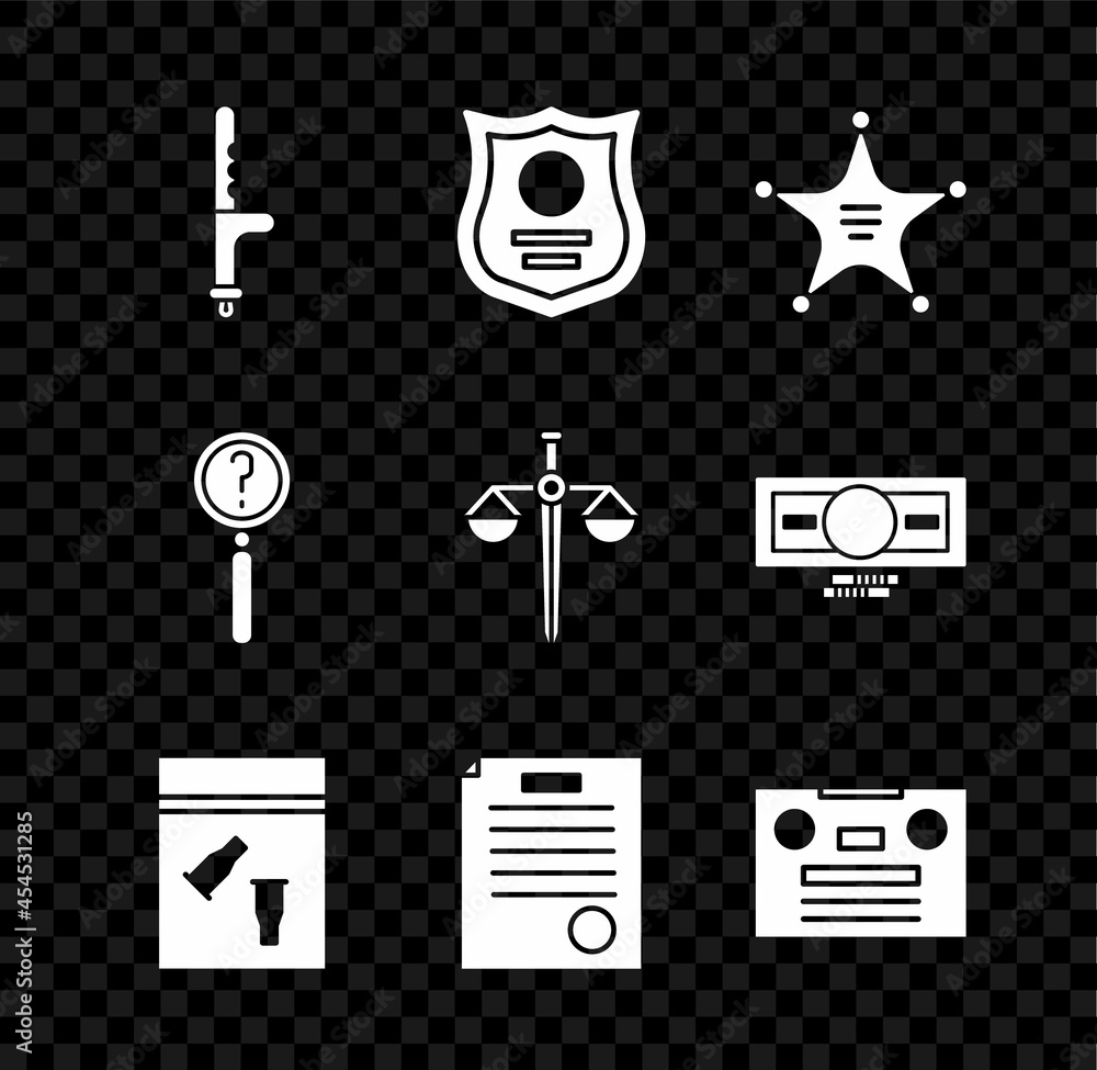 Set Police rubber baton, badge, Hexagram sheriff, Evidence bag and ...