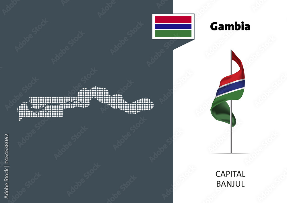 Flag of The Gambia on white background. Dotted map of the Gambia with ...