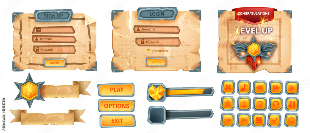 UI game button icon set, vector old parchment interface menu background ...