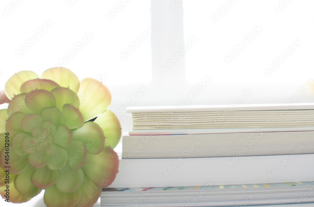 Books on the desk with white background, light colors, neutral colors ...