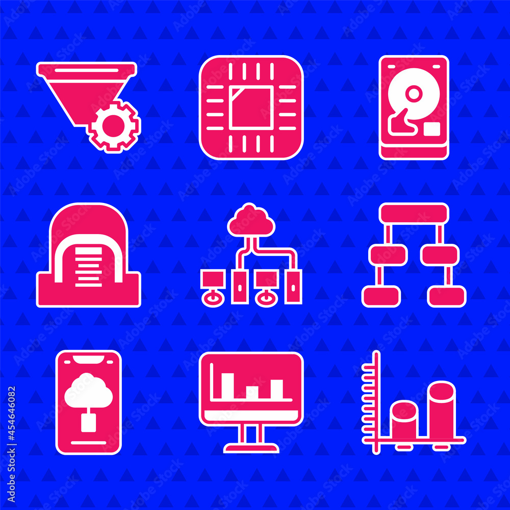 Set Computer network, Monitor with graph chart, Data analysis ...