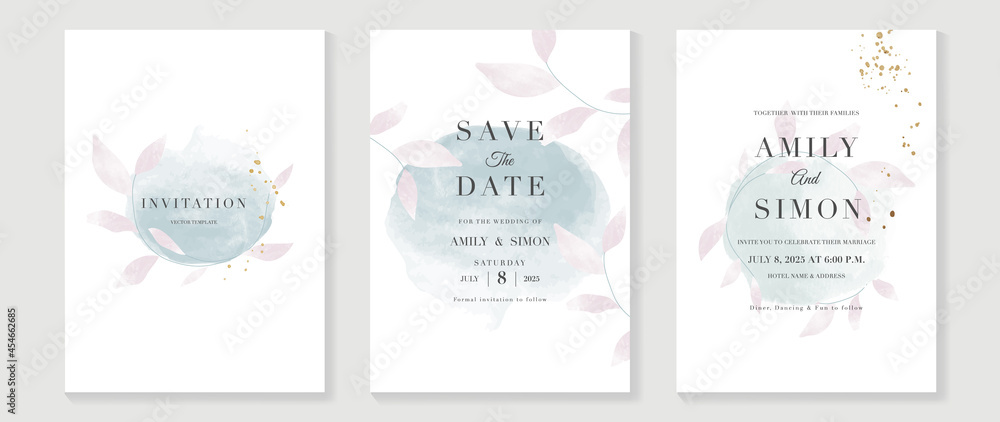 Green emerald and gold texture watercolor wedding invitation vector set ...