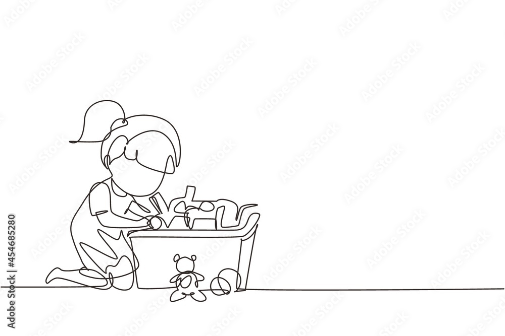 Continuous one line drawing little girl putting her toys into box. Kids ...
