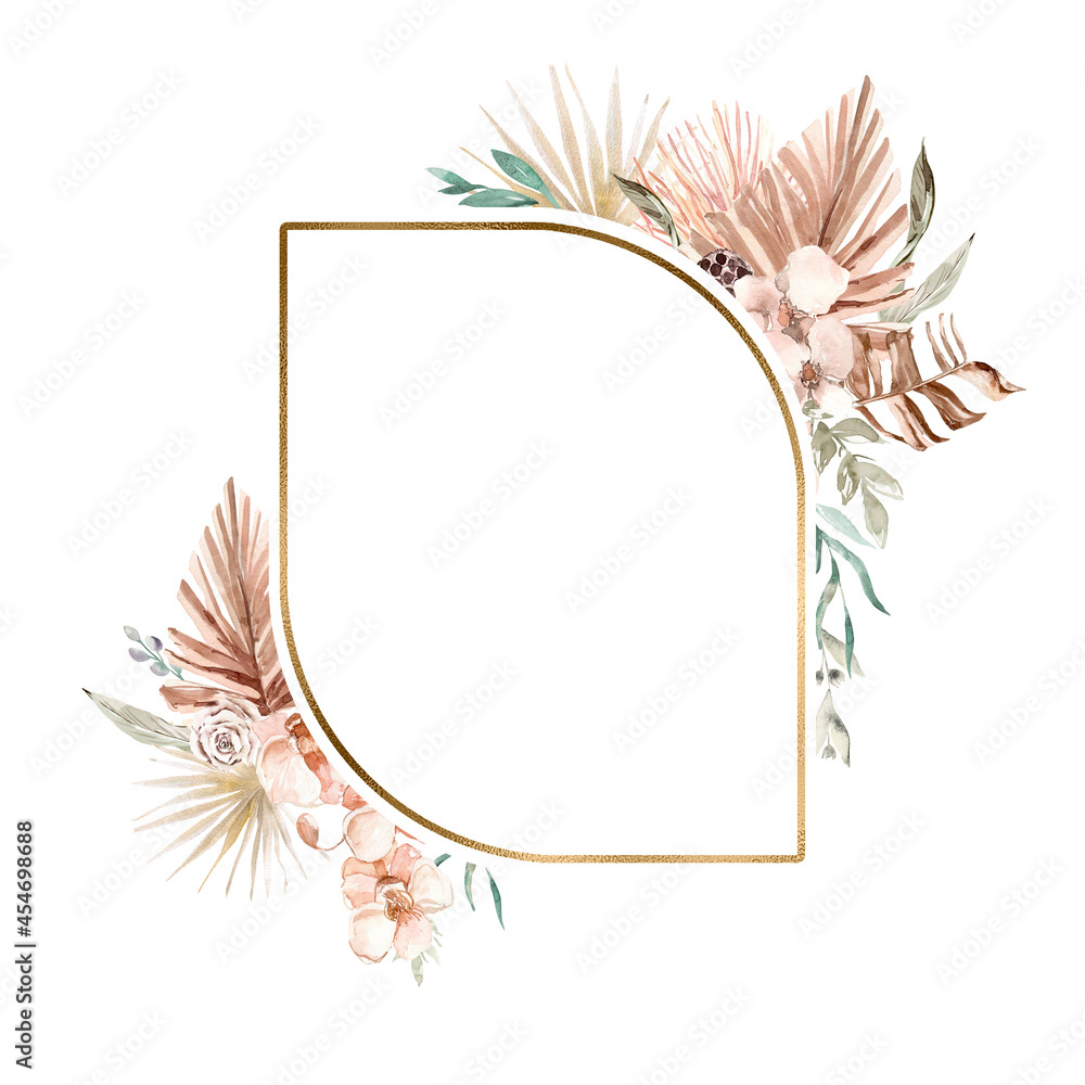 Boho tropical floral frame, Watercolor boho roses and palm leaves ...