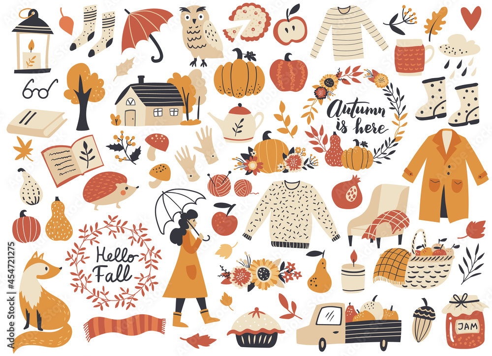 Autumn set, fall clip art, design elements collection with leaf ...