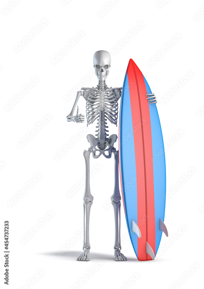 Skeleton with surfboard - 3D illustration of male human skeleton surfer ...