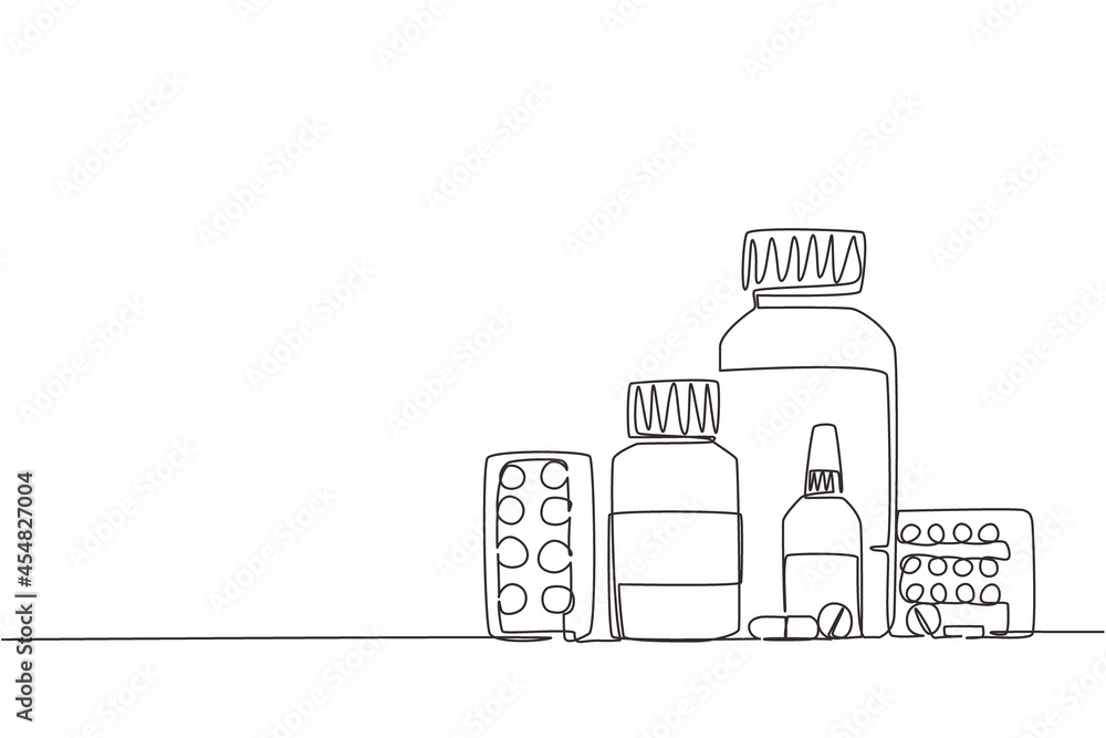 Single one line drawing medical concept. Cold, flu, cough preparations ...