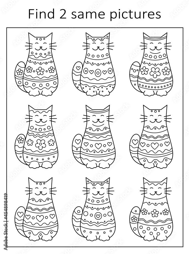 Find two same pictures of funny pets. Cartoon cute cats with geometric ...