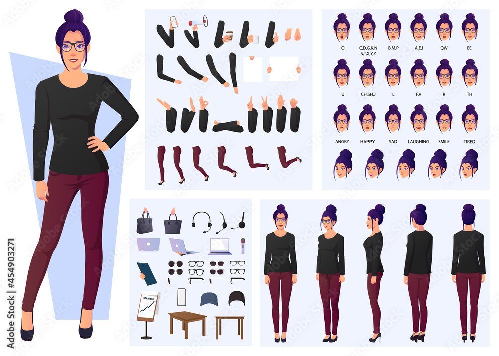 Fashion Woman Character Design Set, Front, side, back view, Poses, And ...