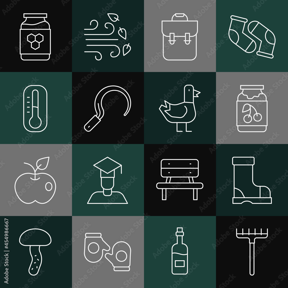 Set line Garden rake, Waterproof rubber boot, Jam jar, School backpack ...