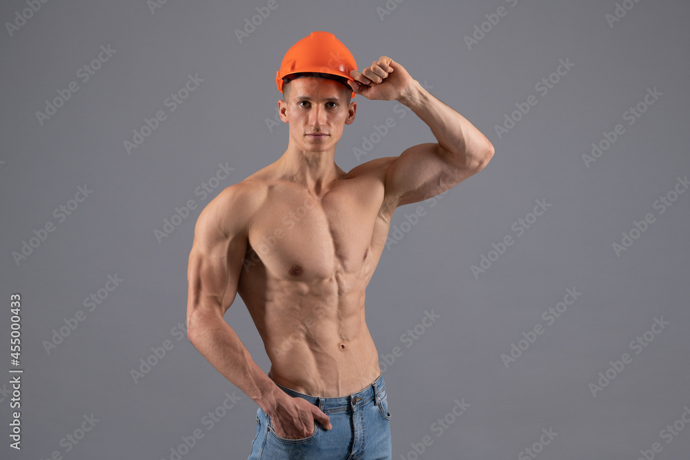 Body builder with fit torso belly chest and arms biceps triceps muscles ...