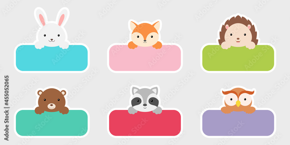 Sticky labels set for baby name. Cute cartoon animals shaped notepads ...