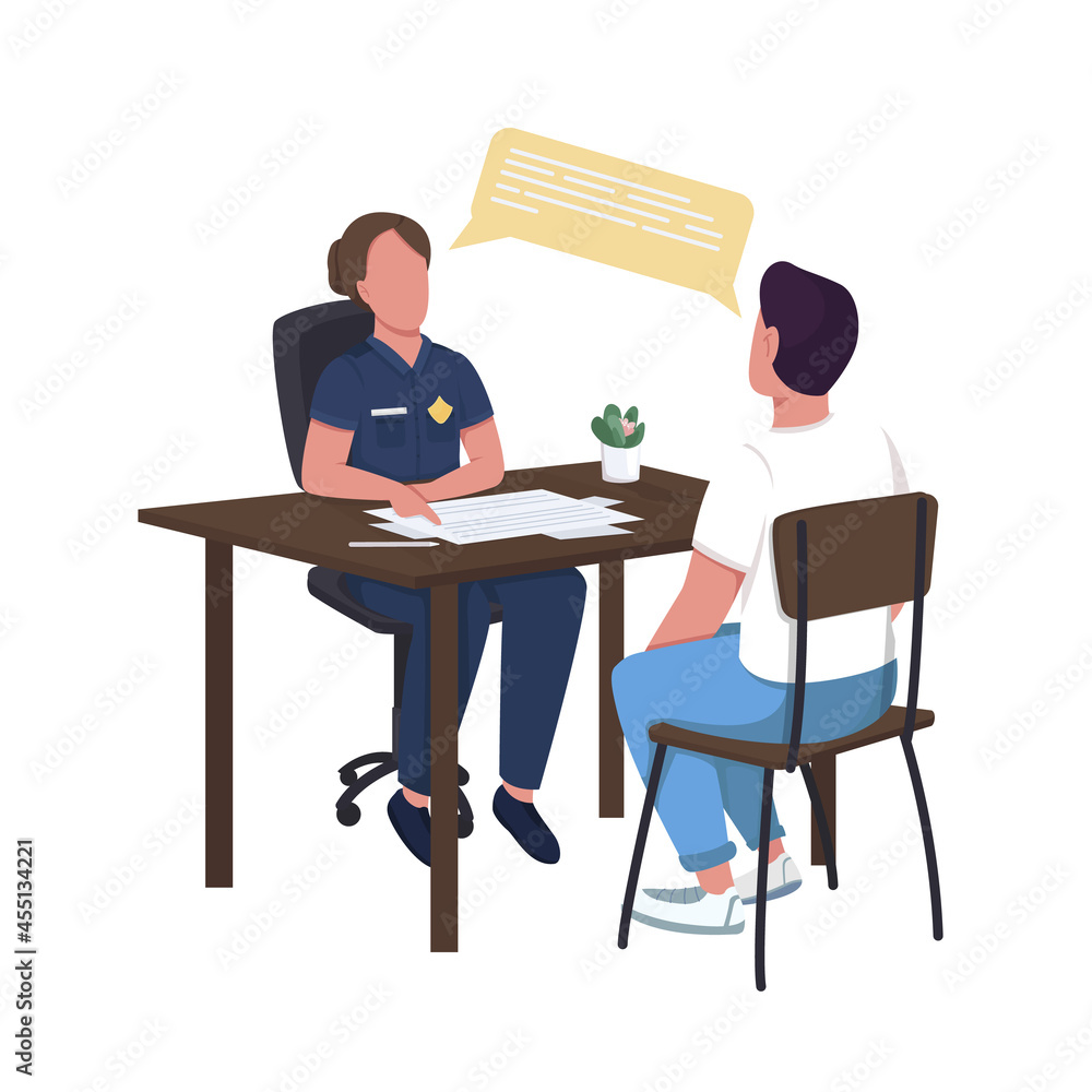 Policewoman interrogating suspect semi flat color vector characters ...