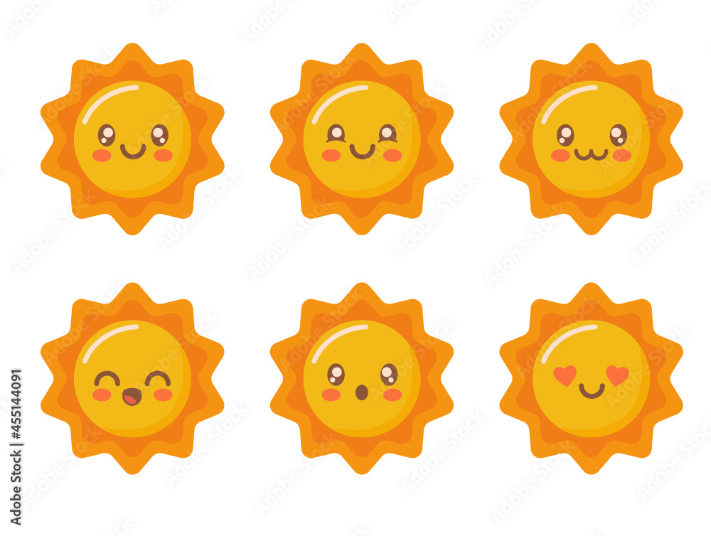 Collection of difference emoticon icon of cute sun cartoon on white ...