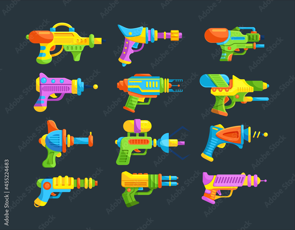 Bright gun children toy set. Blaster, handgun, raygun and laser weapon ...