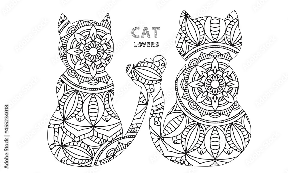 Adult coloring book. Two cute cats. Line art design for antistress ...