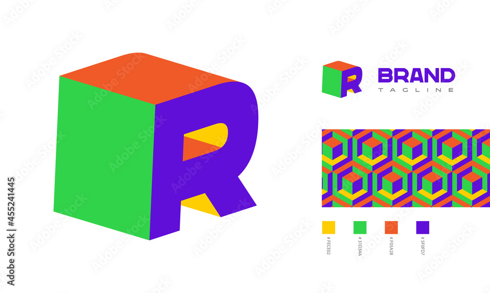 3D letter R Logo corner view with pattern and colour code swatches for ...