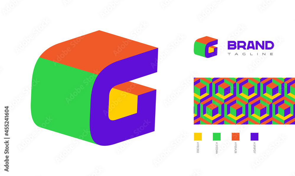 3D letter G Logo corner view with pattern and colour code swatches for ...