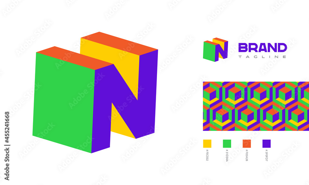 3D letter N Logo corner view with pattern and colour code swatches for ...