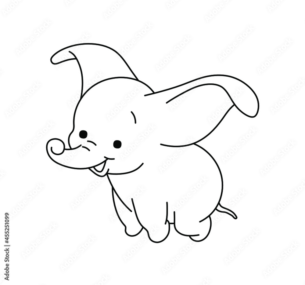Vector illustration cute cartoon flying baby elephant. Contour black ...