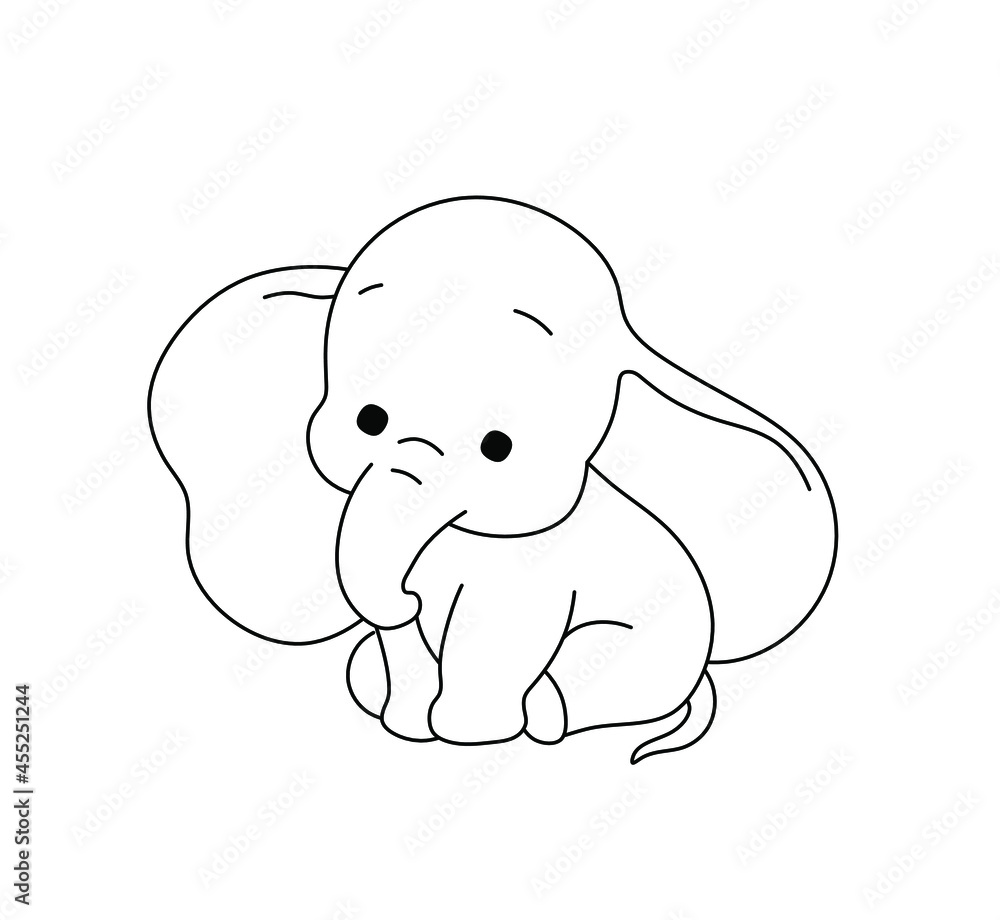Vector illustration cute cartoon sad baby elephant. Contour black ...
