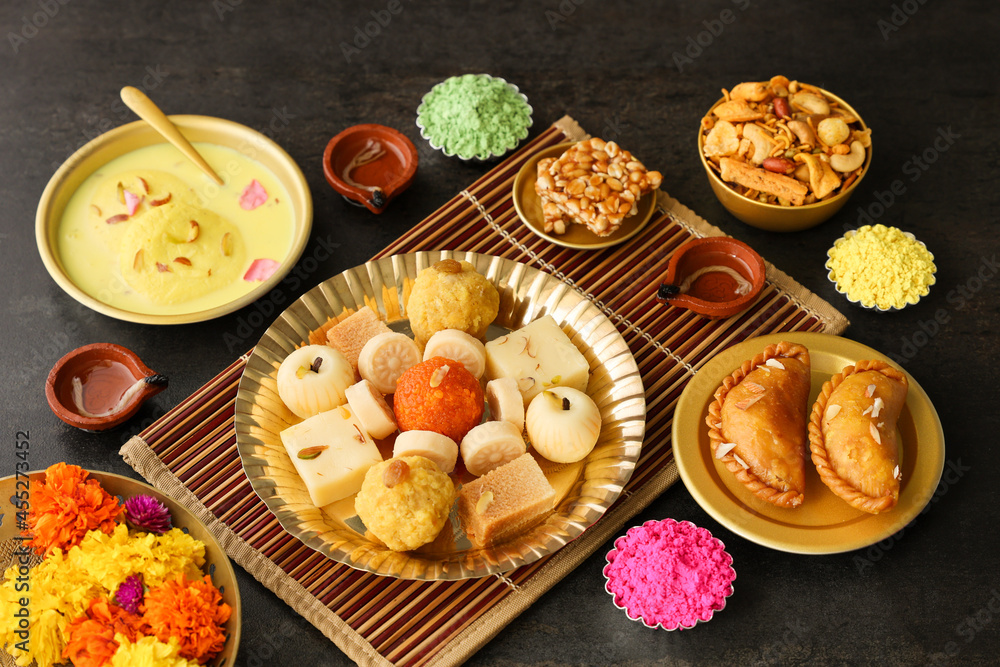 Diwali sweets Gujiya barfi Motichoor Laddu Rasmalai Indian sweet ...