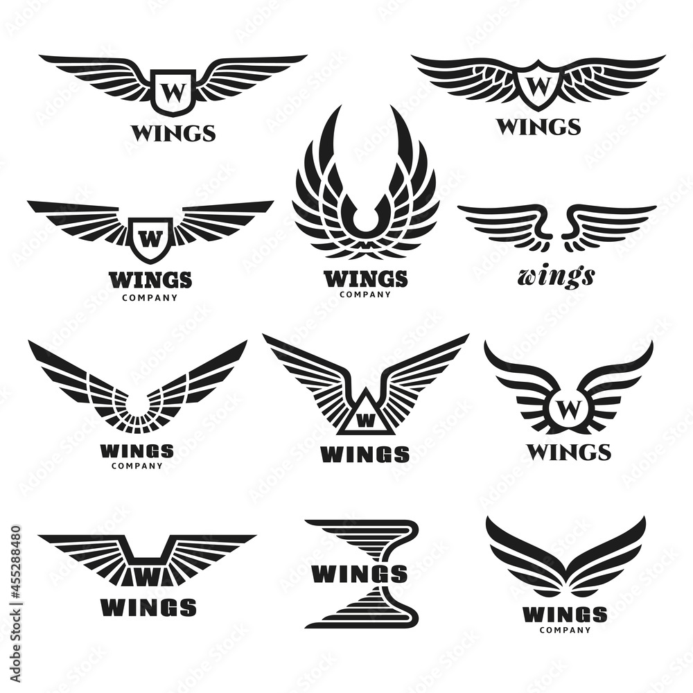 Vetor Wings logo set. Modern wing emblems, aviation labels. Abstract ...