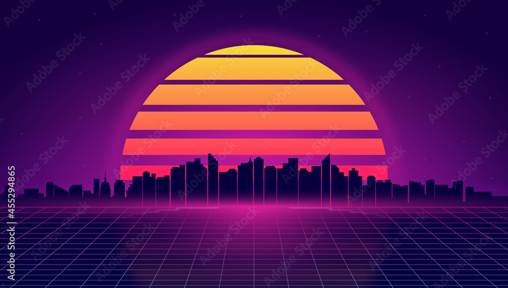 Retro futuristic night cityscape. Retrowave and synthwave style ...