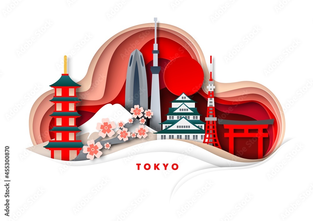 Tokyo city, vector paper cut illustration. Temples, tower, Japan famous ...