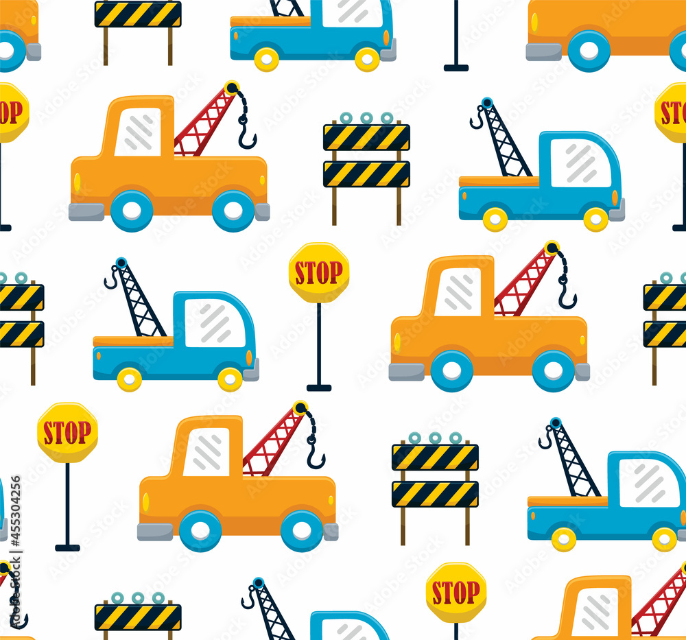 Seamless pattern vector of toe truck cartoon with traffic signs Stock ...