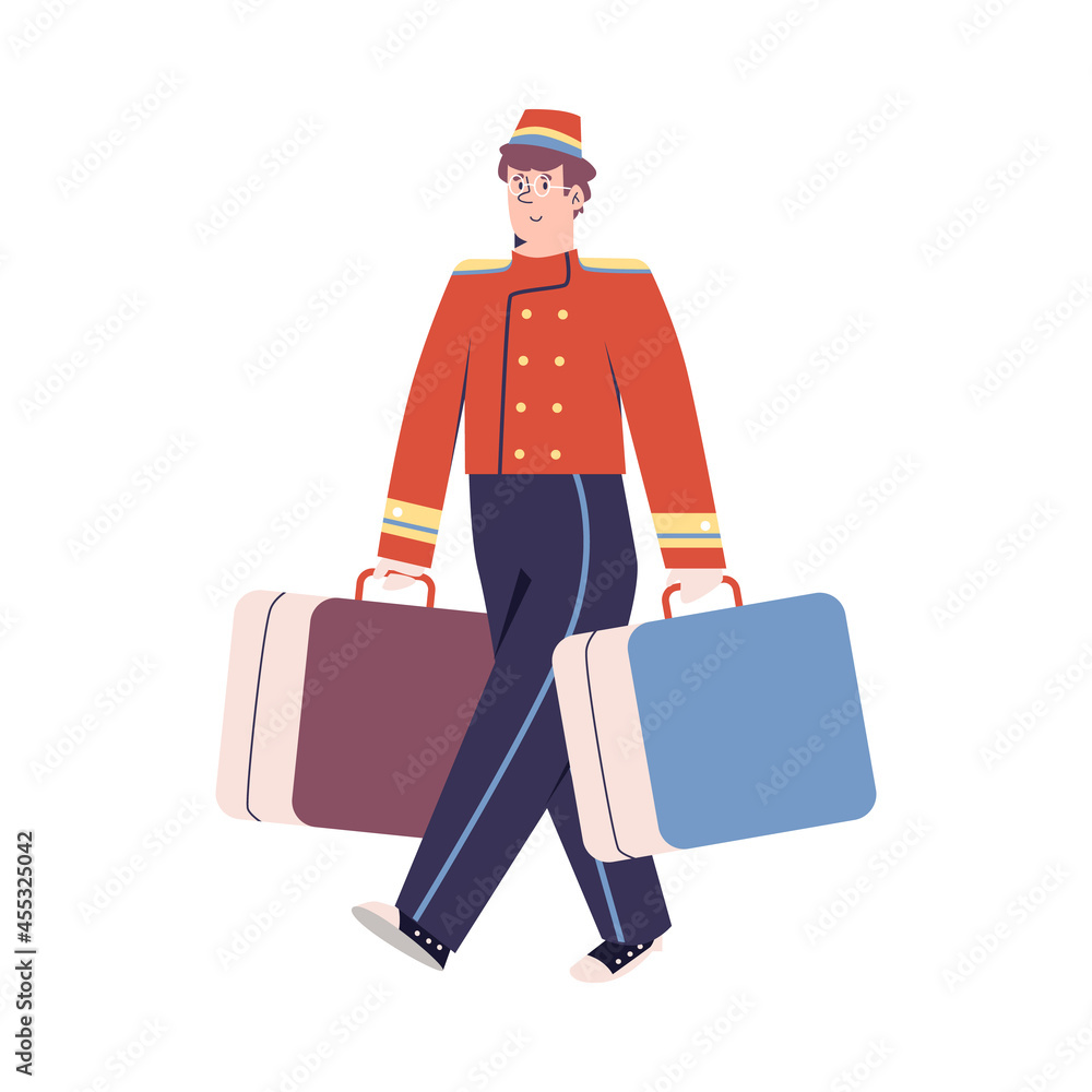 Smiling bellboy in retro uniform carries suitcases. Vector flat cartoon ...