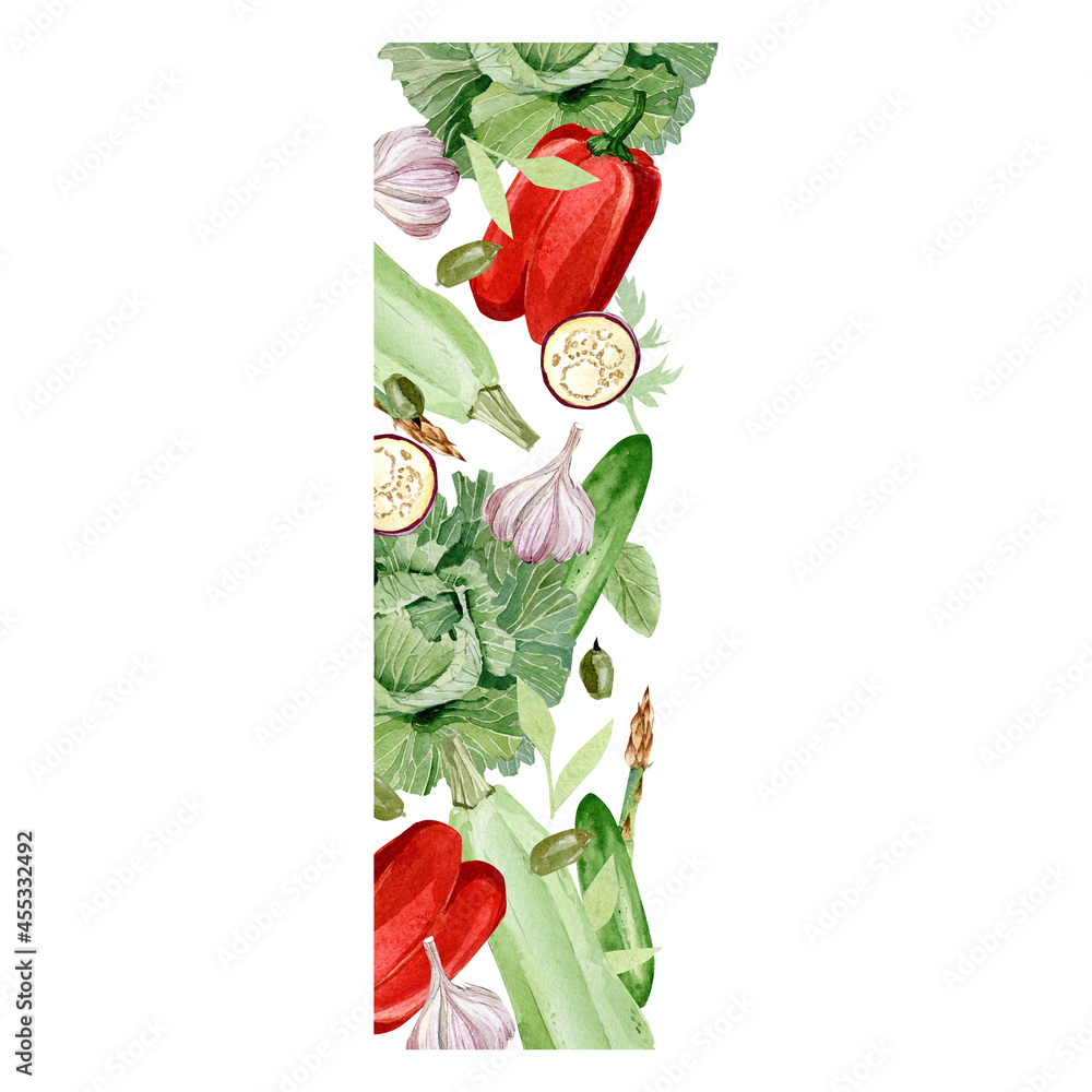 Watercolor vegetables border with zucchini, onions, peppers, cabbage ...