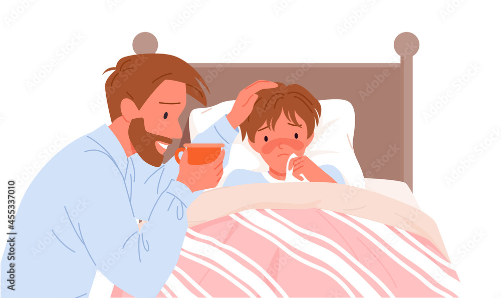 Father helping of sick son, boy lying in bed vector illustration ...