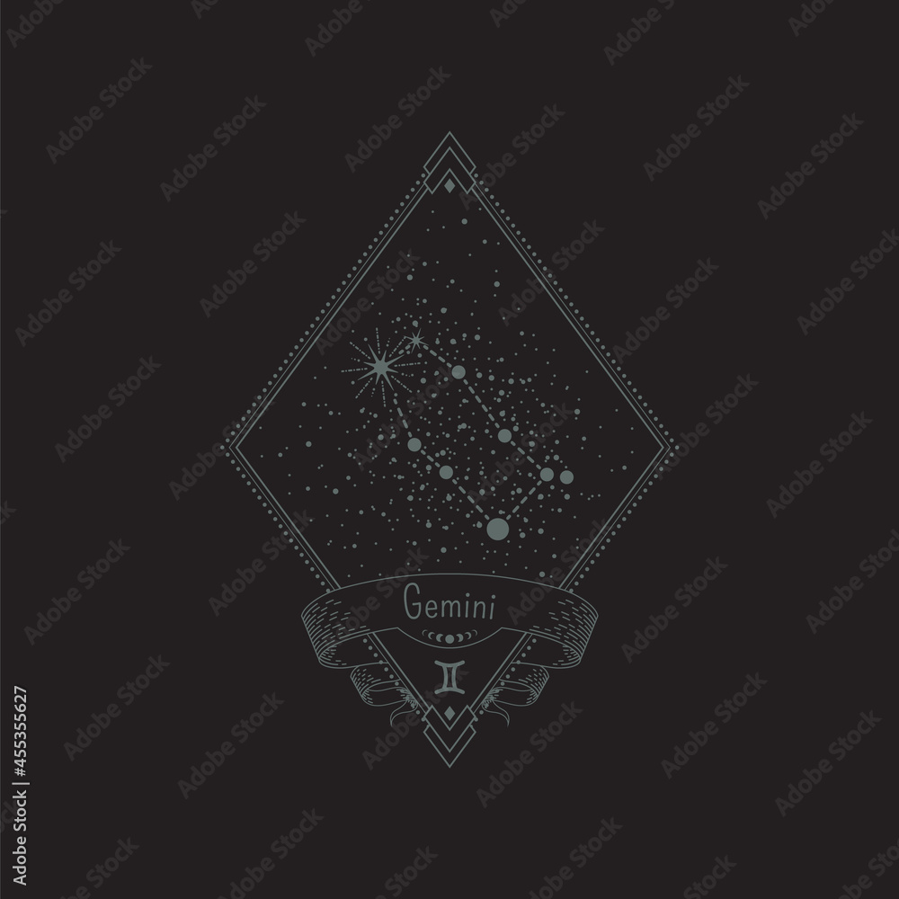 Sketch tattoo gemini constellation with title in a retro frame. Vector ...
