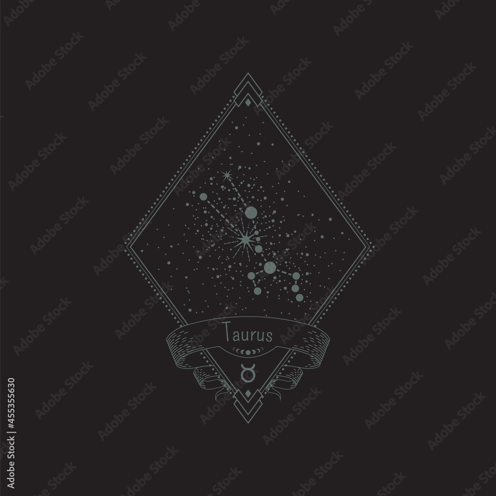 Sketch tattoo taurus constellation with title in a retro frame. Vector ...