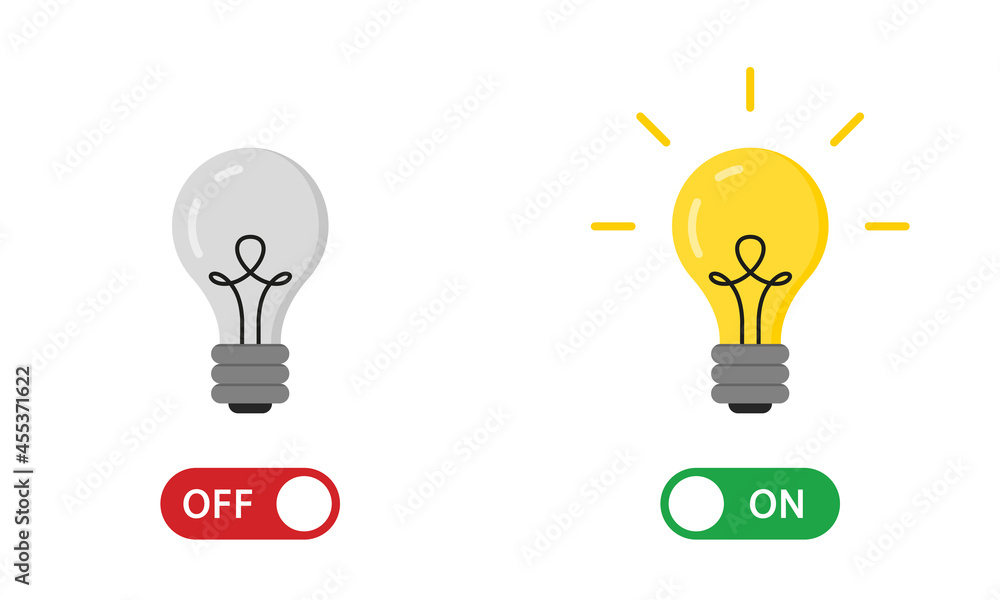 Ilustración de Stock Foco o bombilla con rayos, encendido y apagado. On ...