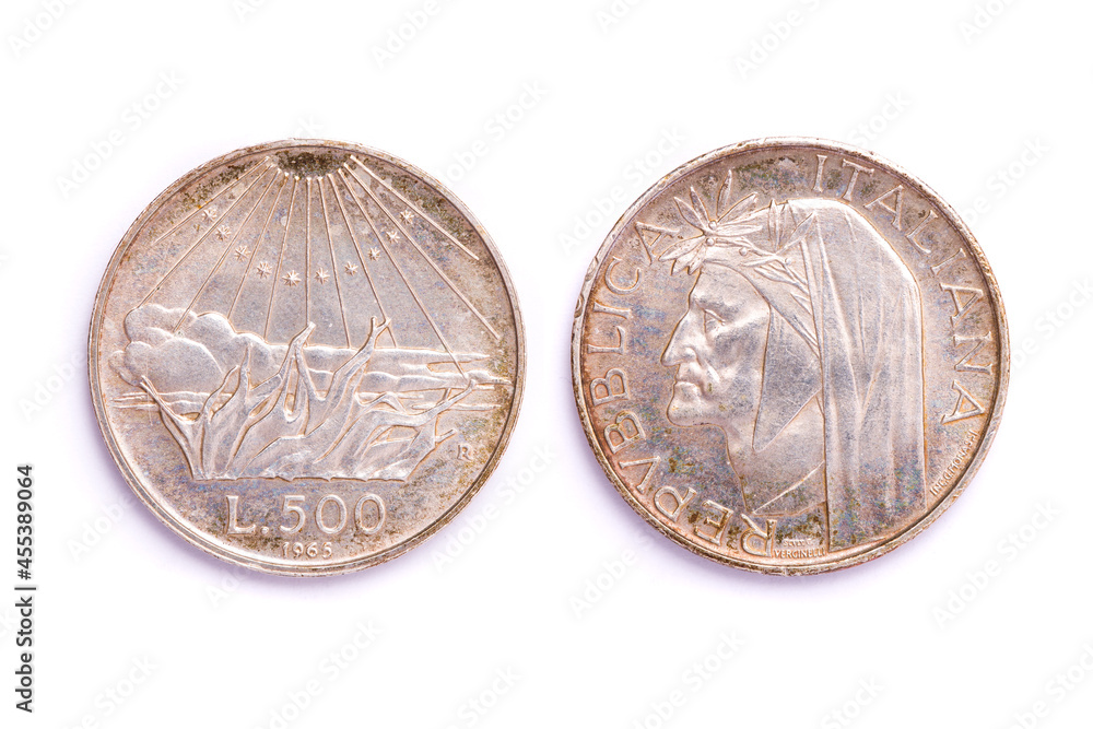 Front and back Italian silver coin 500 lire image of Dante Alglieri ...