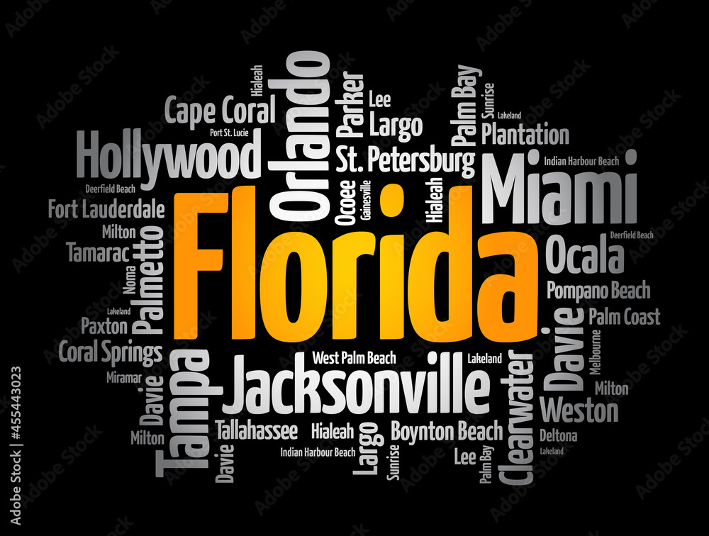 List of cities in Florida USA state, word cloud concept background ...