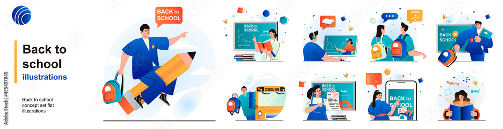 Back to school isolated set. Pupils learning in lessons, college ...