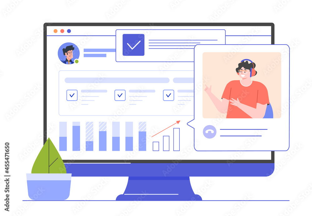 Vector de Stock Monitor with a dashboard with data, checklists, charts ...