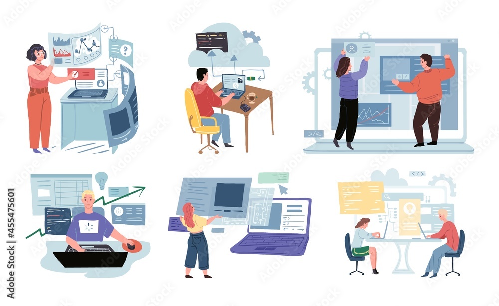 Set of vector cartoon characters in development workflow scenes.Various ...